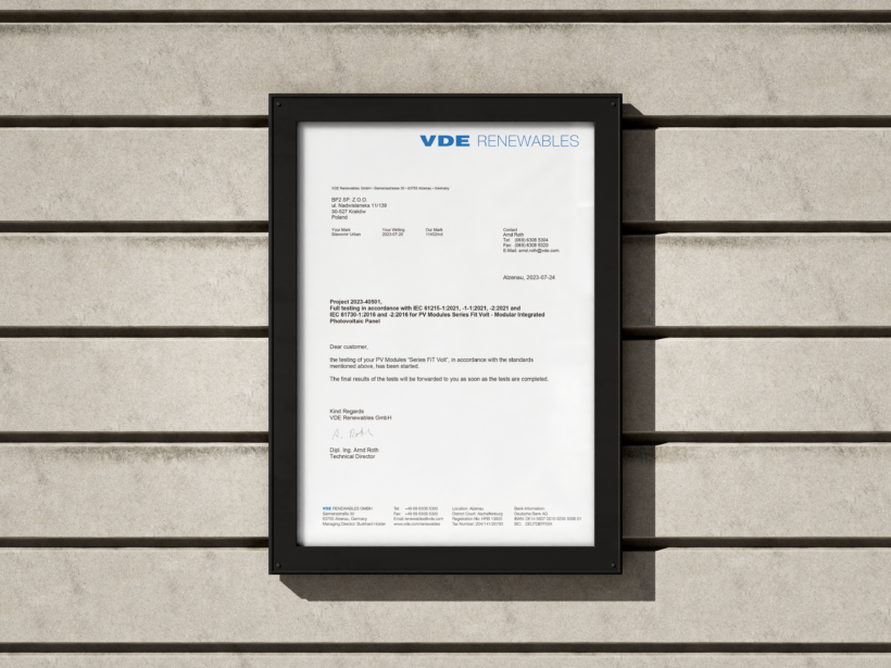 FIT VOLT panel certification by VDE Testing and Certification